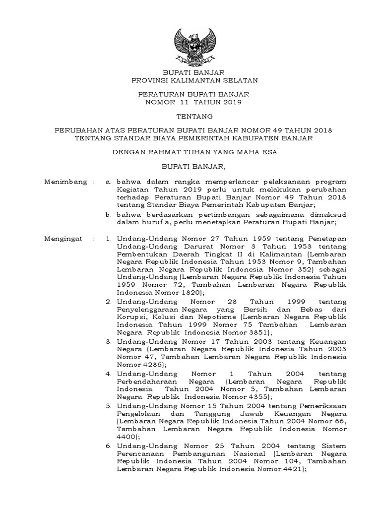 Perbup Nomor 11 Tahun 2019 Tentang Perubahan Standar Biaya | PDF