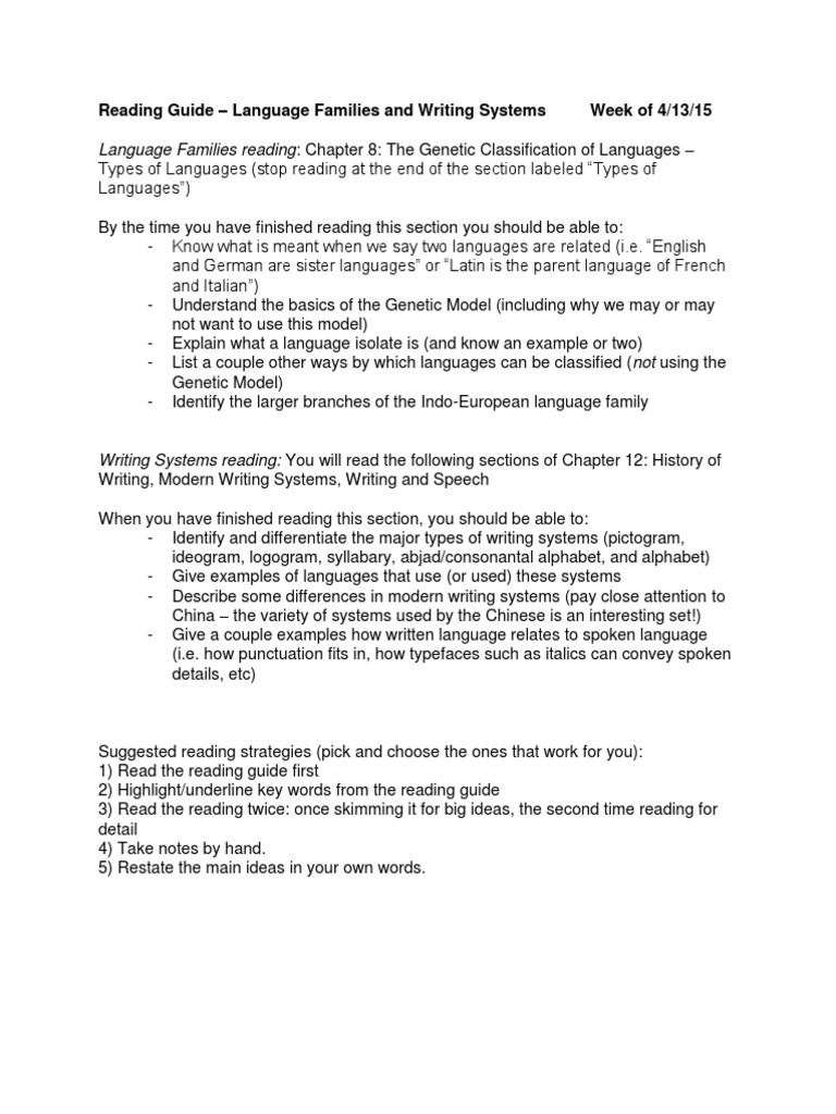 Language Families & Writing Systems Reading Guide | PDF