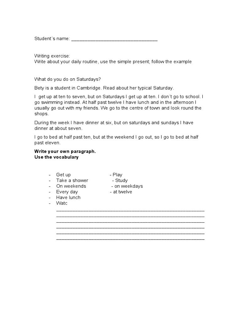 Ejercicio Escrito Rutina Diaria en Ingles | PDF