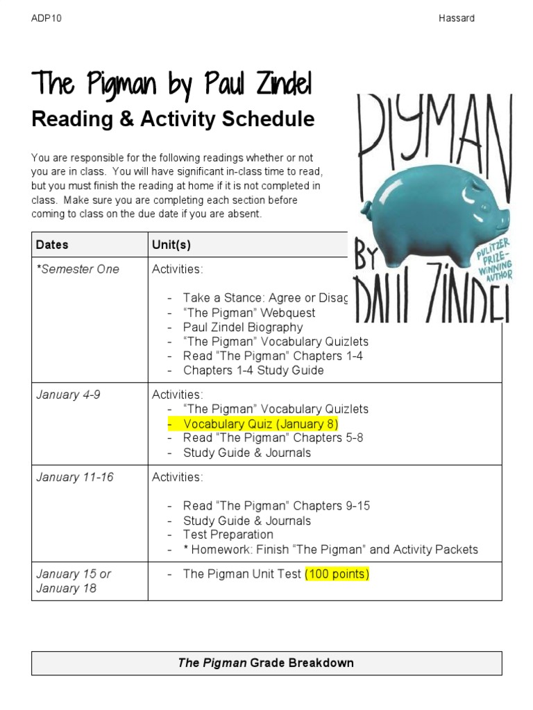 "The Pigman Reading Schedule & Activities" | PDF