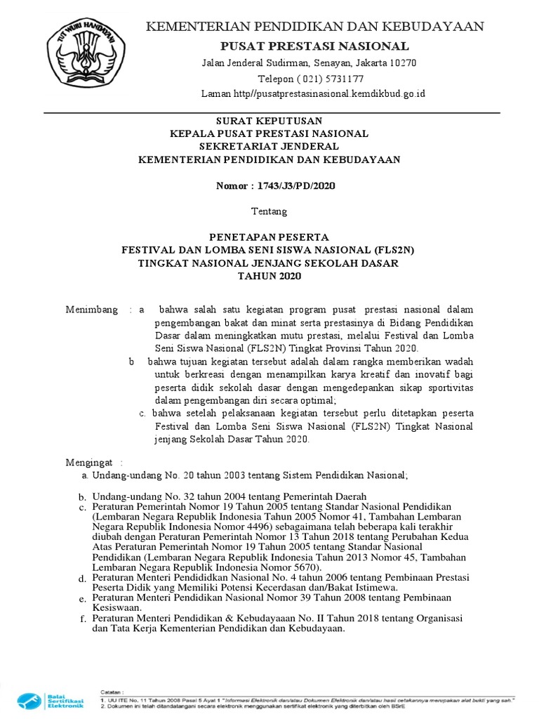SK Peserta FLS2N SD Tingkat Nasional Tahun 2020 PDF | PDF