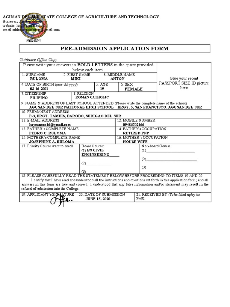 ASSCAT Pre-Admission Application Form | PDF