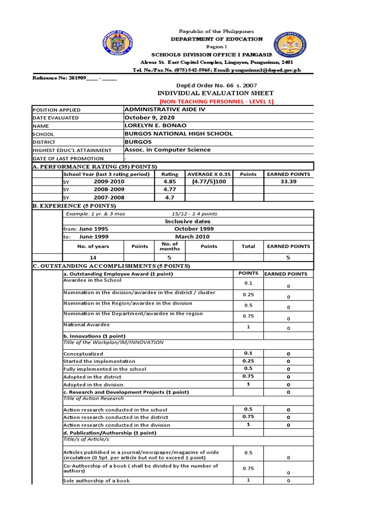 Deped Order No. 66 S. 2007: Individual Evaluation Sheet | PDF ...