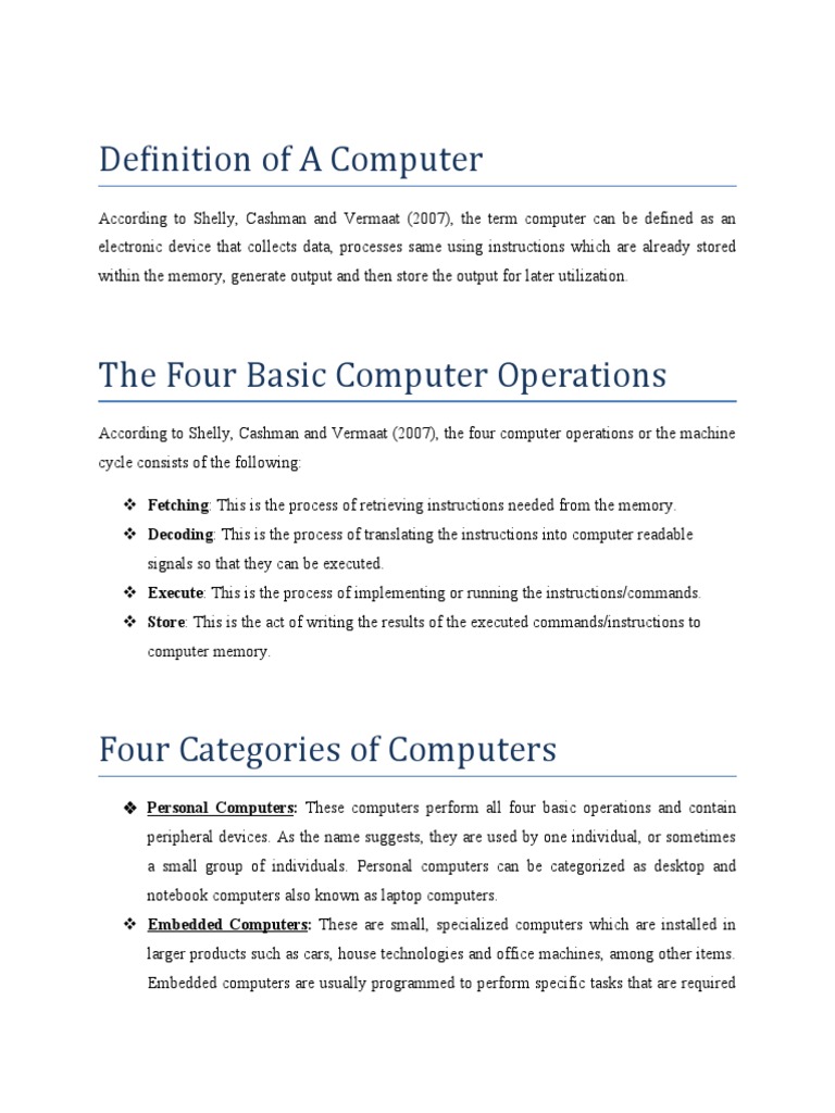 Definition of A Computer:: These Computers Perform All Four Basic Operations and Contain | PDF ...