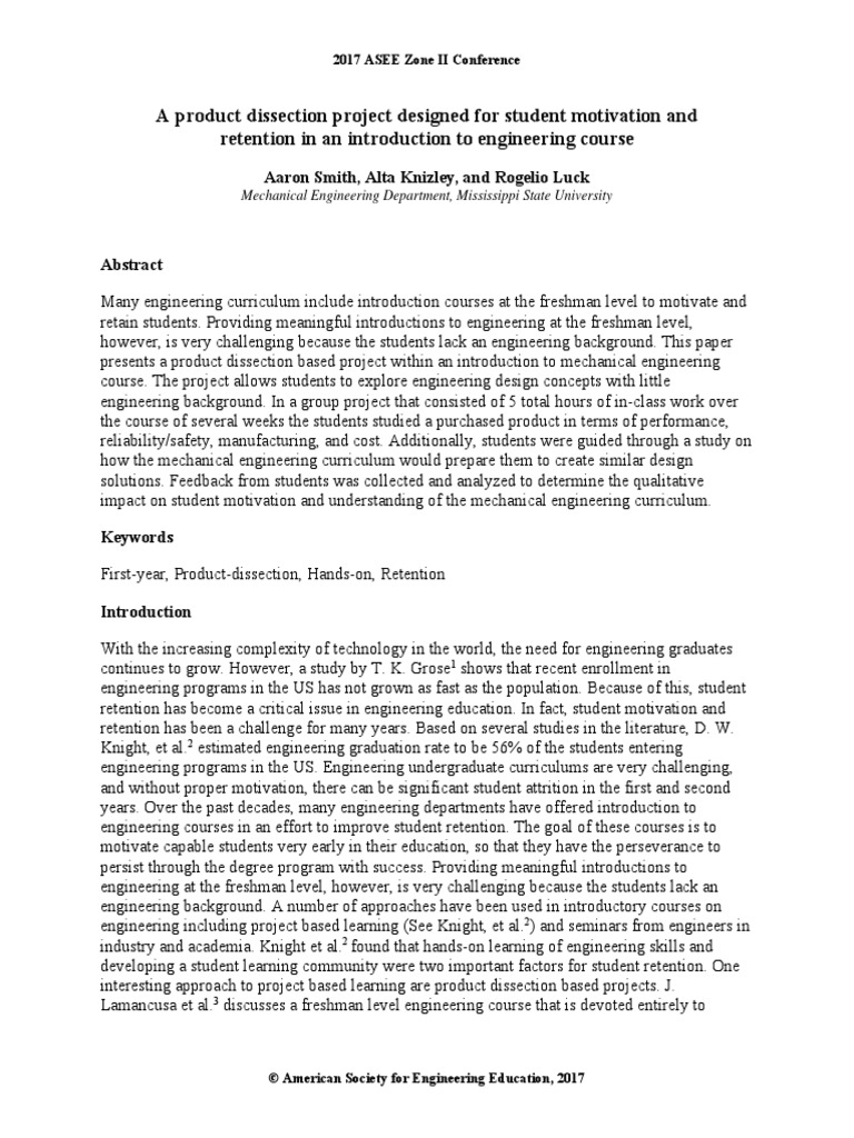 A Product Dissection Project Designed For Student Motivation and Retention in An Introduction To ...