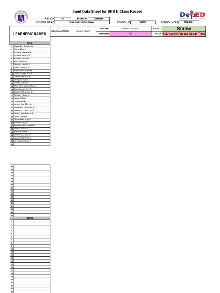 Input Data Sheet For SHS E-Class Record: Learners' Names | PDF