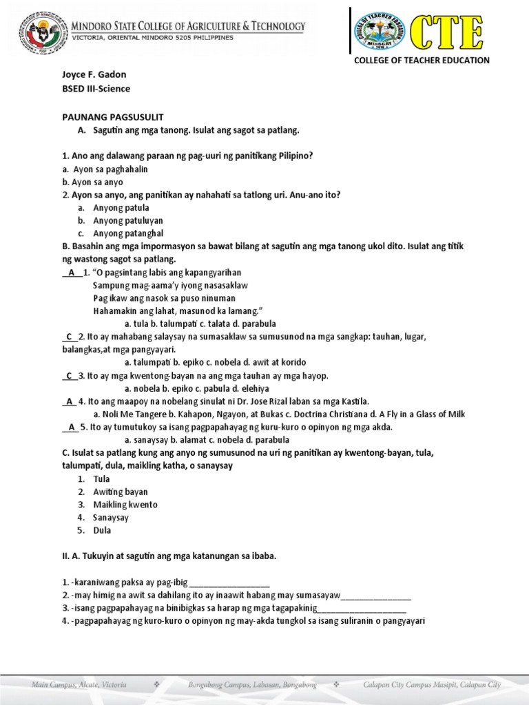 Paunang Pagsusulit | PDF