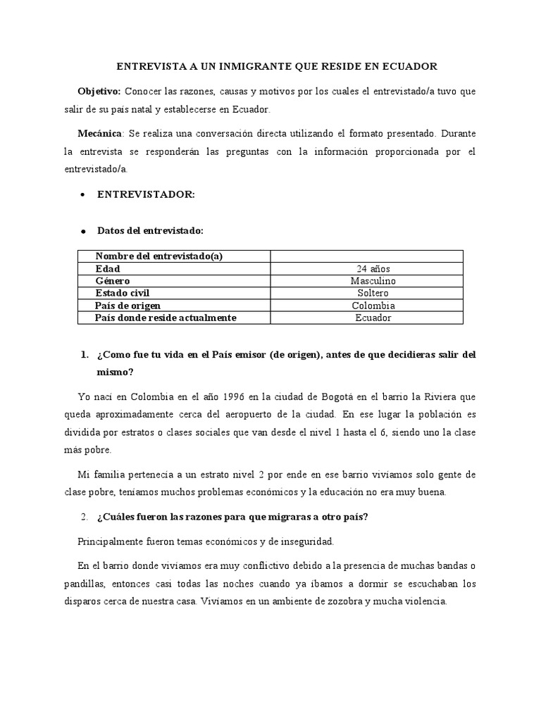 Entrevista A Un Emigrante Colombiano | PDF | Ecuador | Colombia