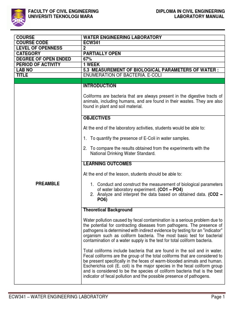 Measuring E.Coli in Water | PDF | Escherichia Coli | Water Pollution