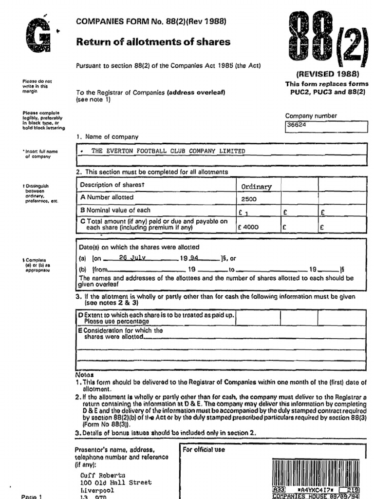 26 July 1994 Return of Allotments of Shares 88 | PDF | Business