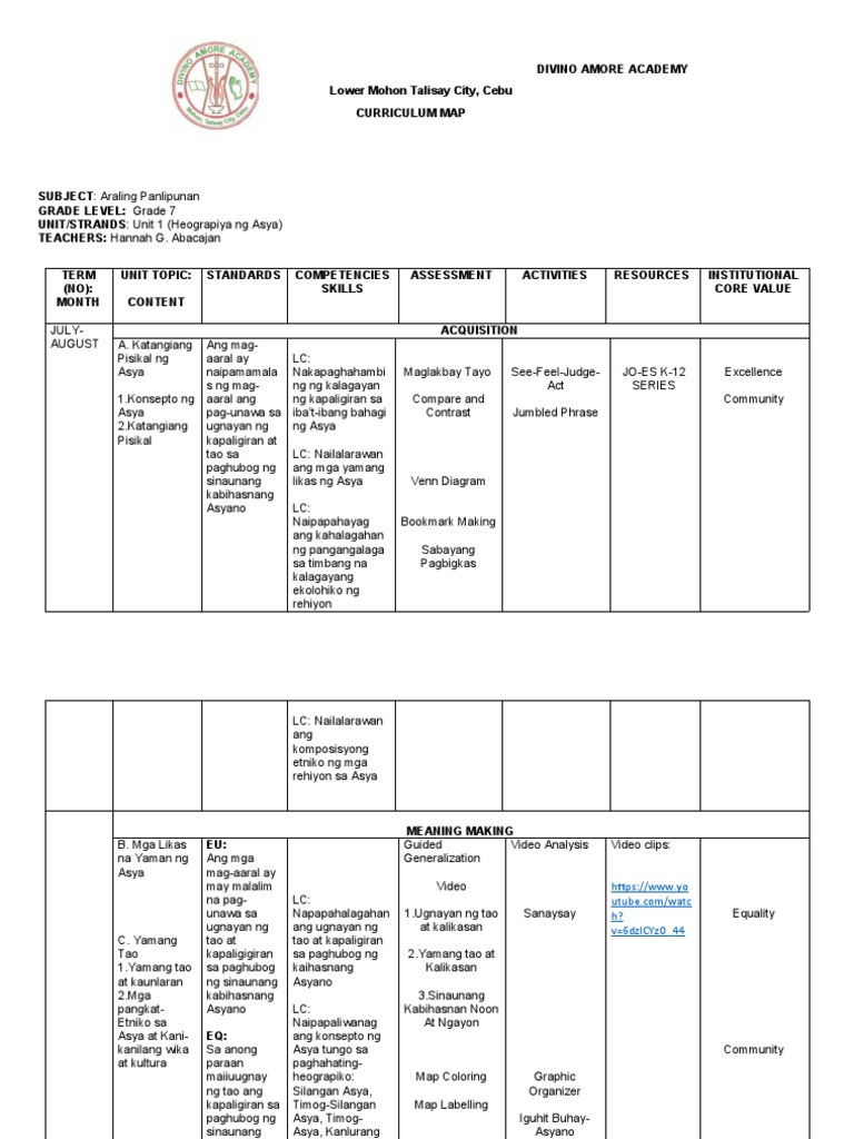 Grade 7 Curriculum Map 1st Quarter | PDF
