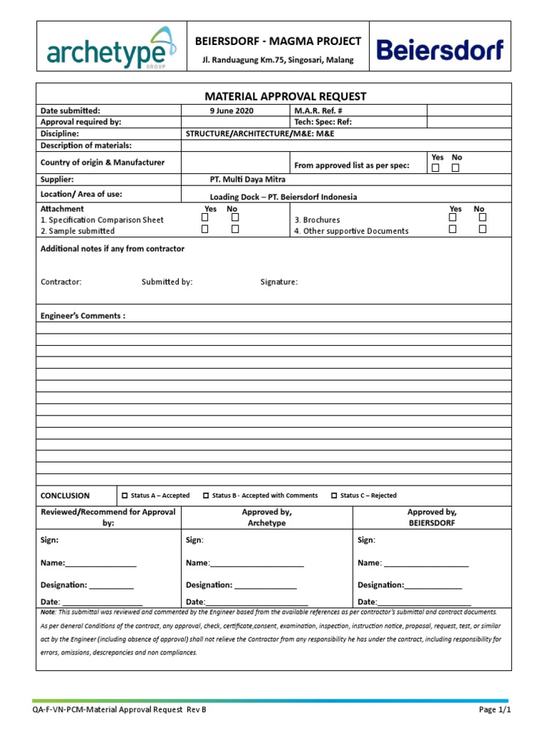 Material Approval Request Form | PDF | Specification (Technical ...
