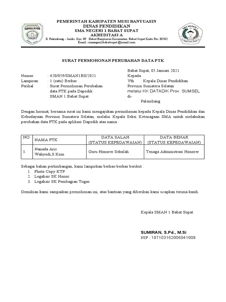 Contoh Surat Permohonan Perubahan Data PTK Di Dapodik 2020 | PDF