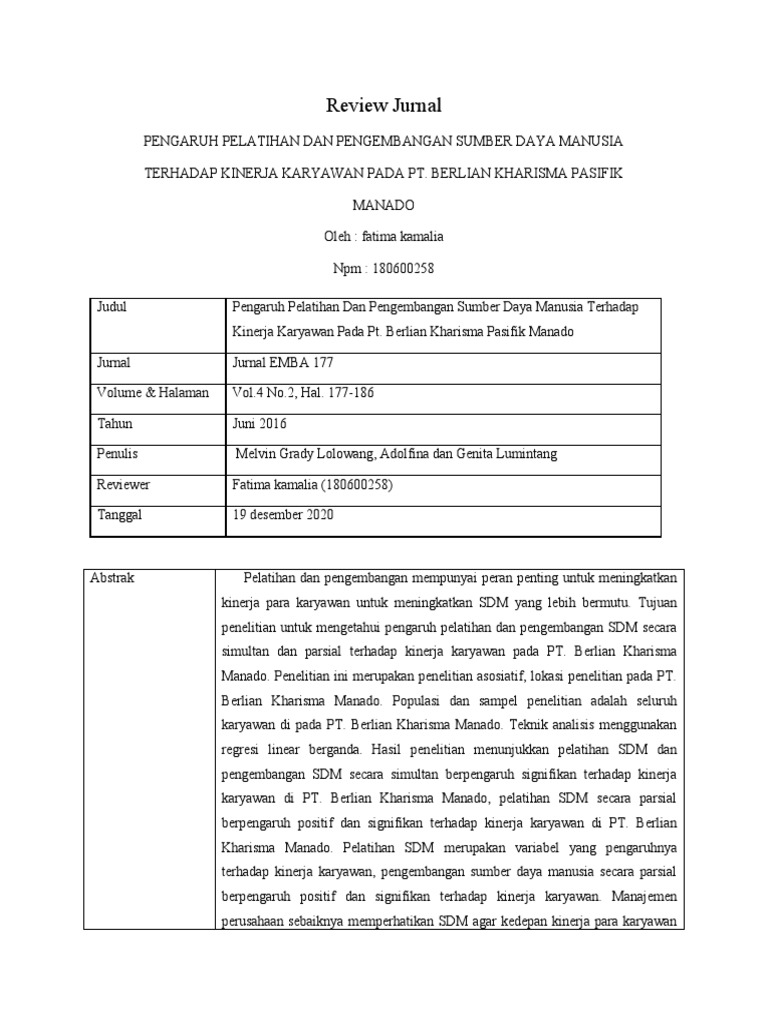Review Jurnal PENGARUH PELATIHAN DAN PENGEMBANGAN SUMBER DAYA MANUSIA | PDF Review Jurnal PENGARUH PELATIHAN DAN PENGEMBANGAN SUMBER DAYA MANUSIA | PDF