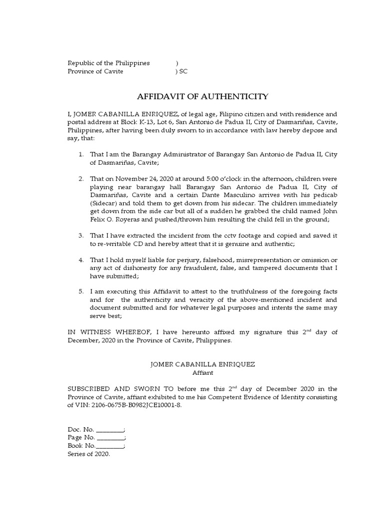 Affidavit of Authenticity | PDF