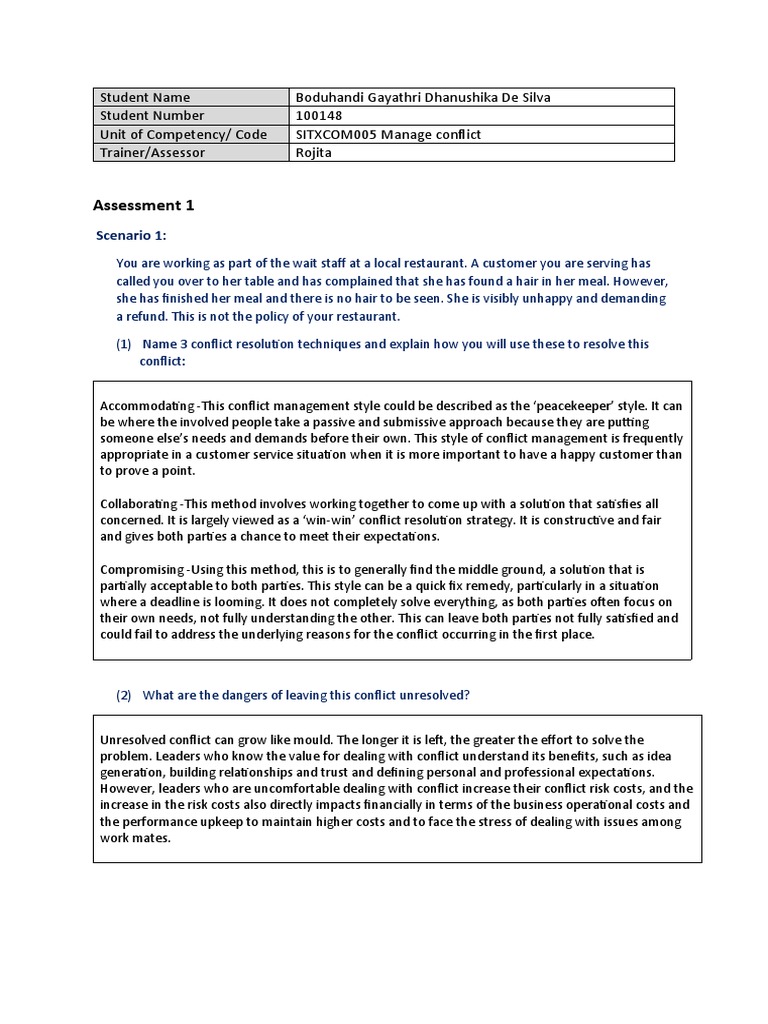 Managing Conflict in Restaurant Settings | PDF | Conflict Resolution ...