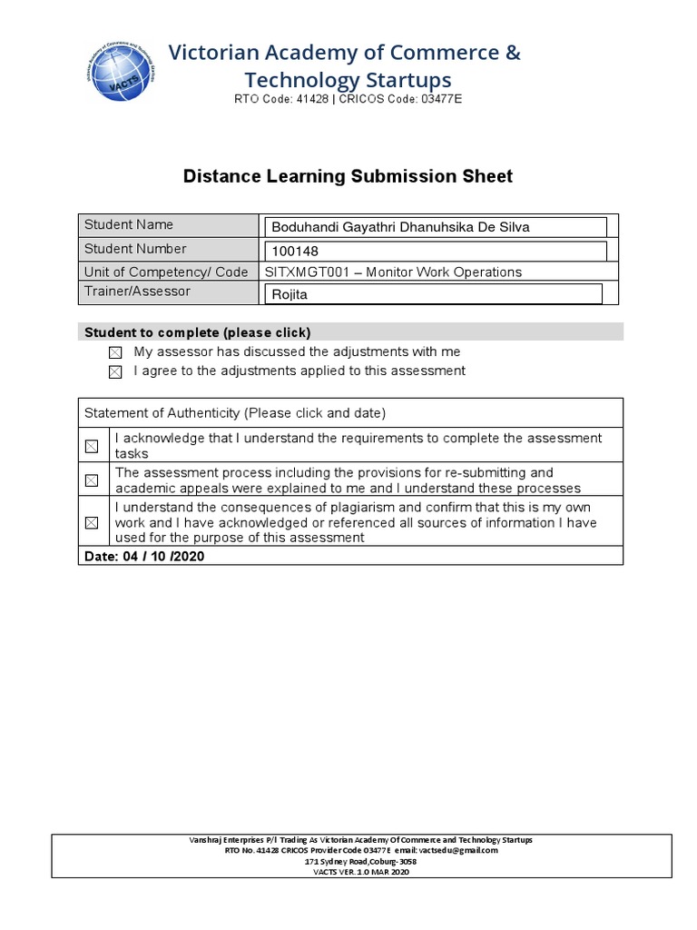 Distance Learning Submission Sheet | PDF