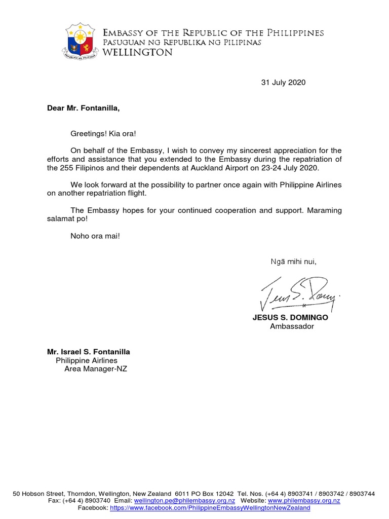 Embassy of The Republic of The Philippines Wellington: Dear Mr ...