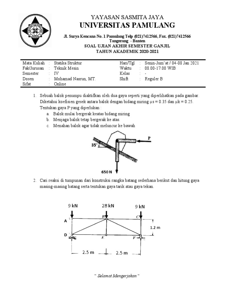 Soal UAS Online Statika Struktur B 2021 | PDF