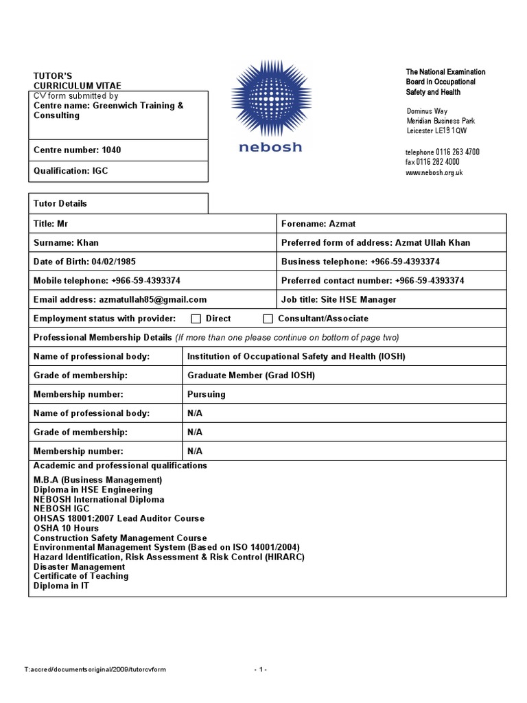 Azmat CV | PDF | Occupational Safety And Health | Working Conditions