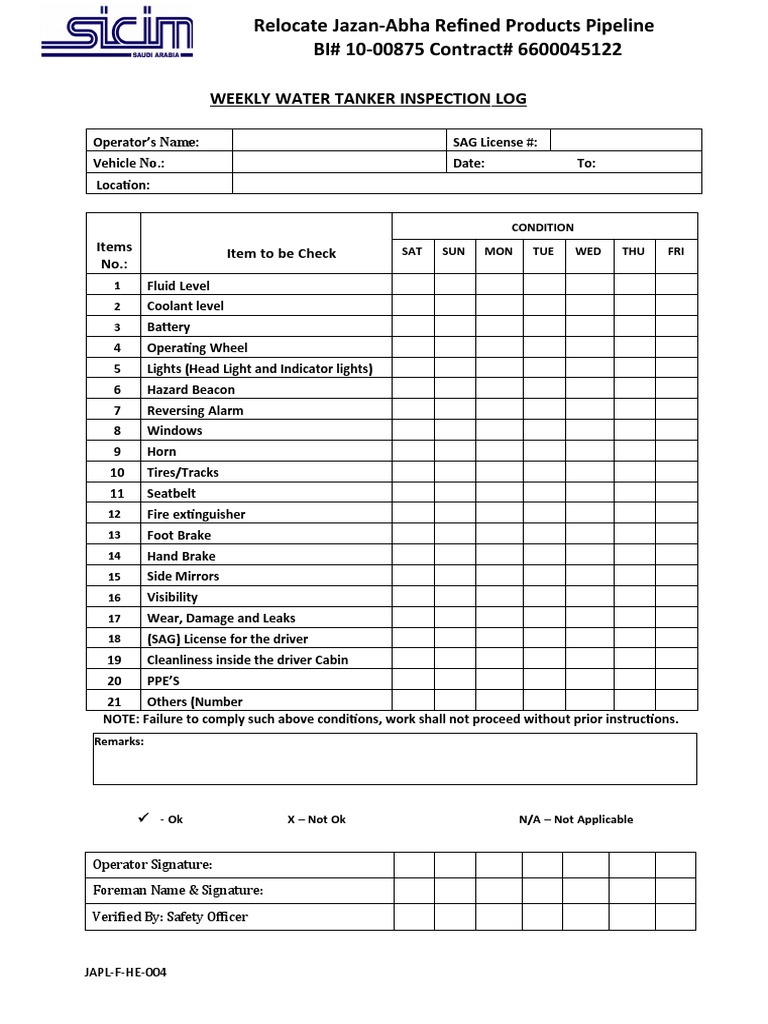 JAPL-F-HE-004-Weekly Water Tanker Inspection Log | PDF