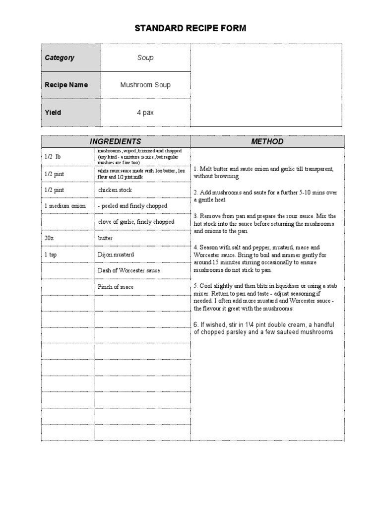 Standard Recipe Form: Ingredients Method | PDF