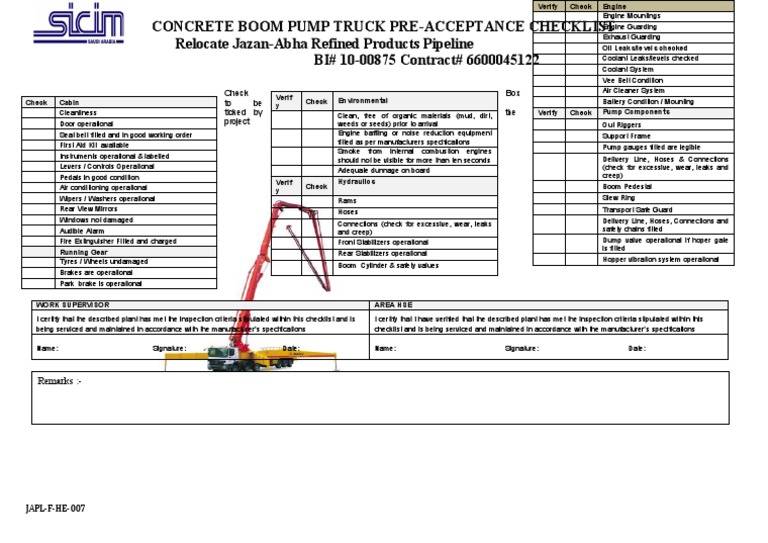 JAPL-F-HE-007-Concrete Pump Checklist | PDF | Pump | Engines