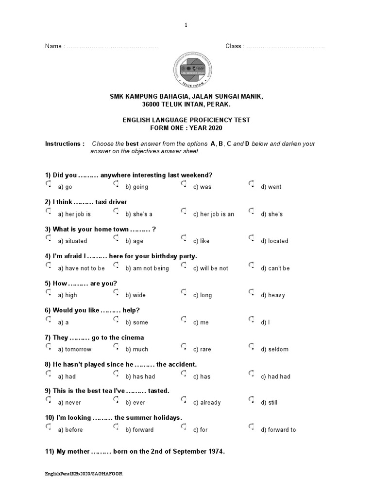 Form 1 Placement Test | PDF
