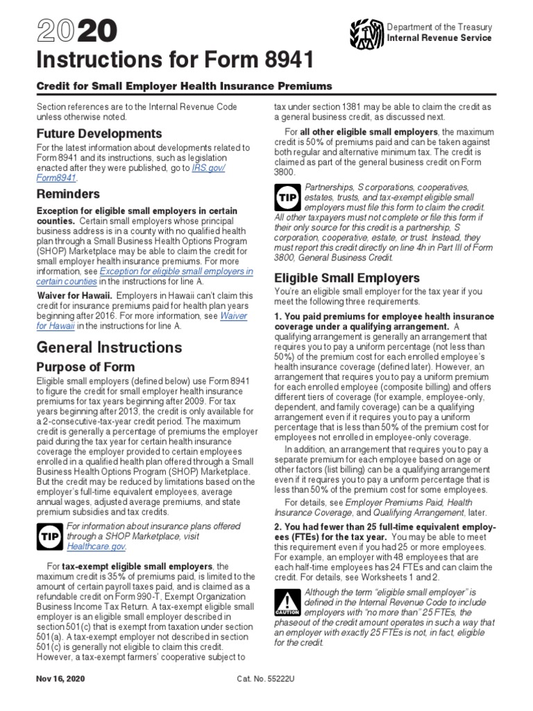 Instructions For Form 8941 | PDF | Payroll Tax | Taxation In The United ...