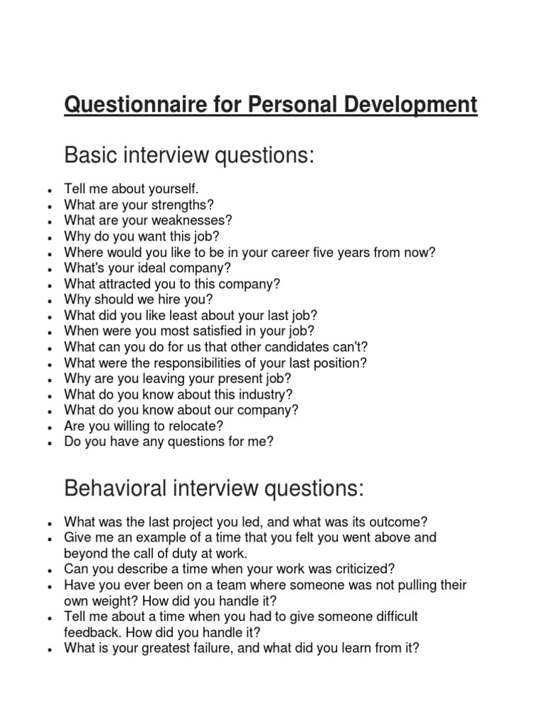 Questionnaire For Personal Development: Basic Interview Questions | PDF ...