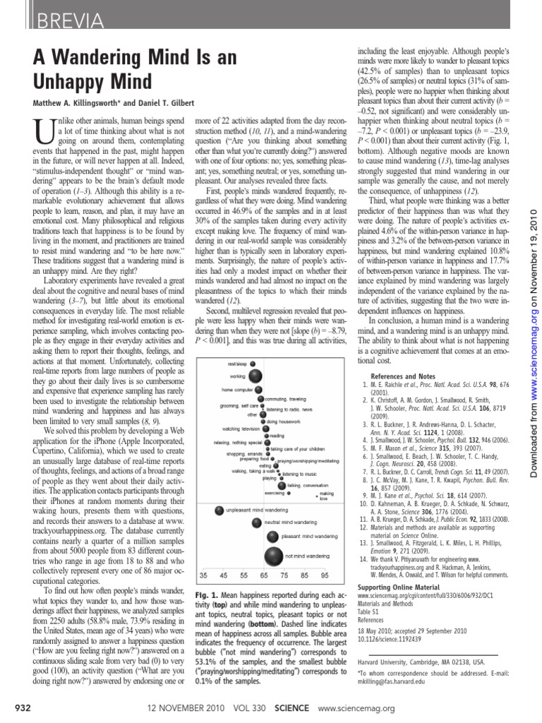 SCIENCE Killingsworth - Wandering Mind | PDF | Mind Wandering | Mind