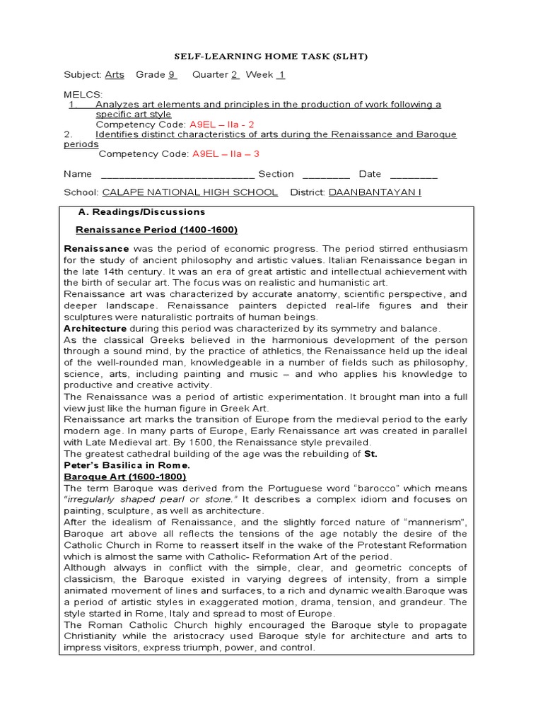 Self-Learning Home Task (SLHT) : A9EL - Ila - 2 | PDF | Baroque ...
