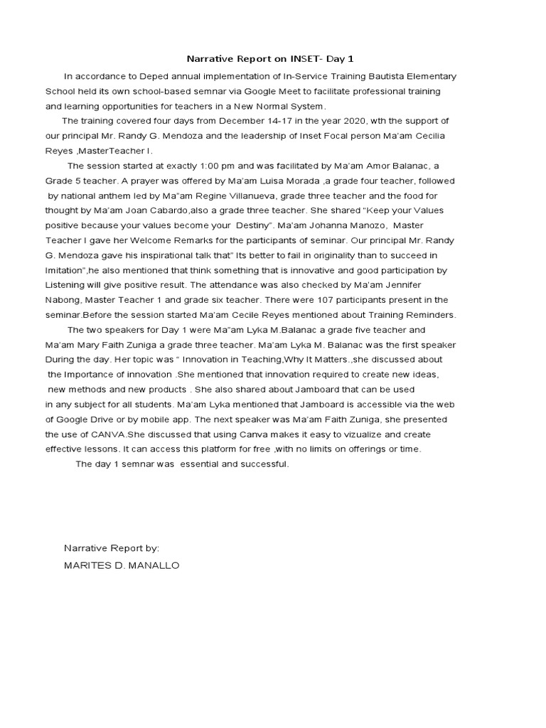 Narrative Report On INSET Day 1 - M.Manallo | PDF | Education Theory ...
