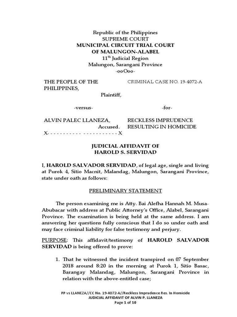 SALVADOR Llaneza - JUDAF - Reckless Imprudence | PDF | Perjury | Affidavit