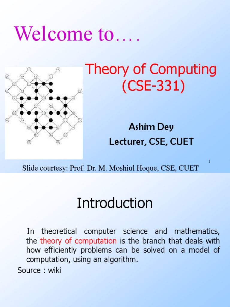 Welcome To .: Theory of Computing (CSE-331) | PDF | Automata Theory | Computer Science