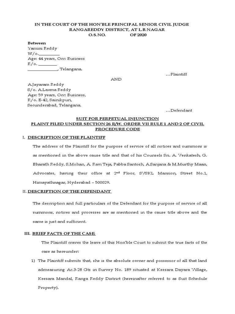 Yamini Reddy Injunction Draft | PDF | Lawsuit | Complaint