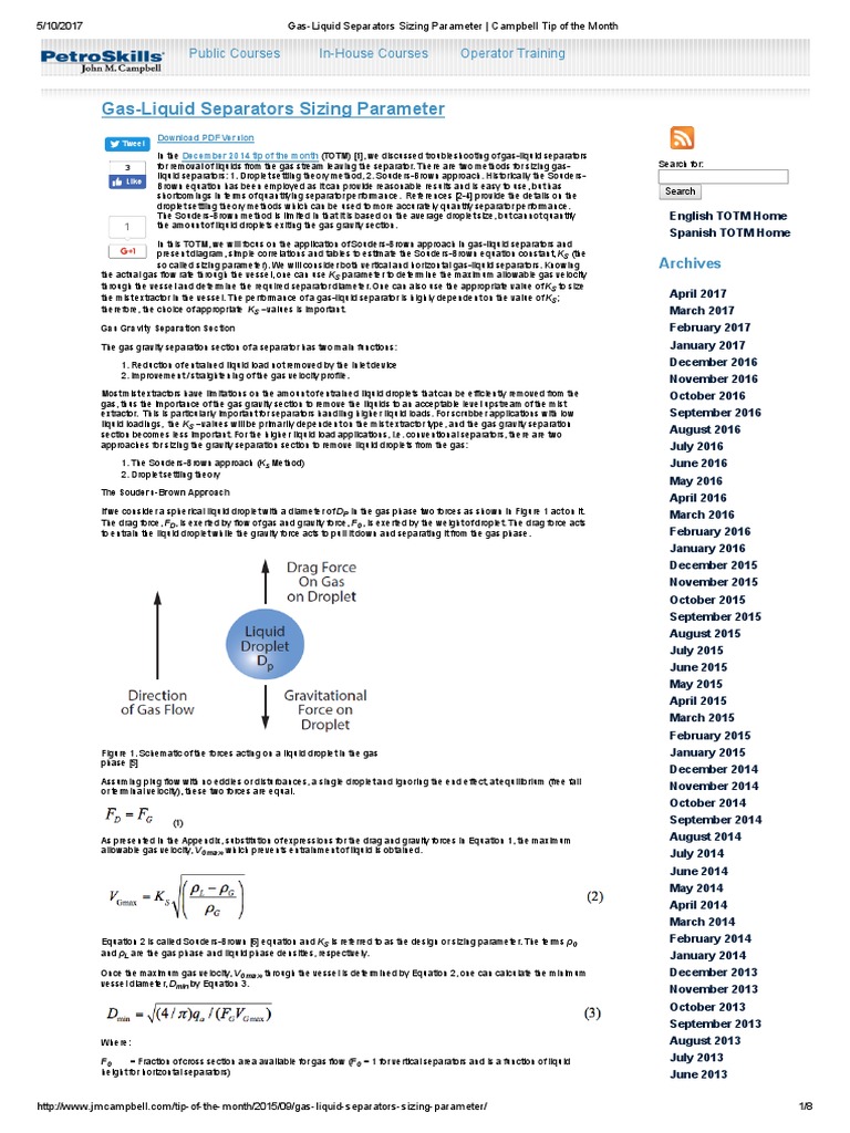 Gas-Liquid Separators Sizing Parameter - Campbell Tip of The Month ...