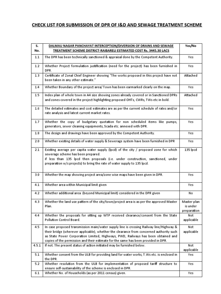Check List For Submission of DPR of I&D and Sewage Treatment Scheme ...
