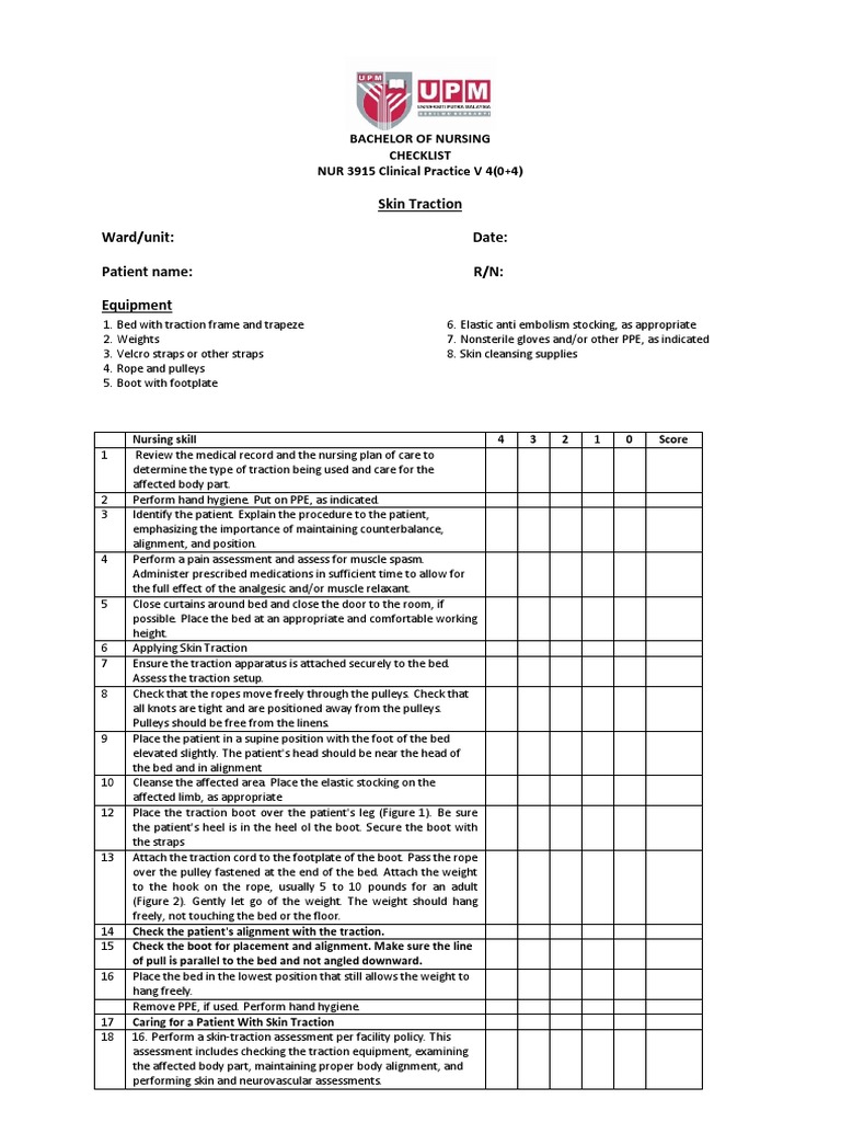 Skin Traction Nursing Care Checklist | PDF | Personal Protective ...