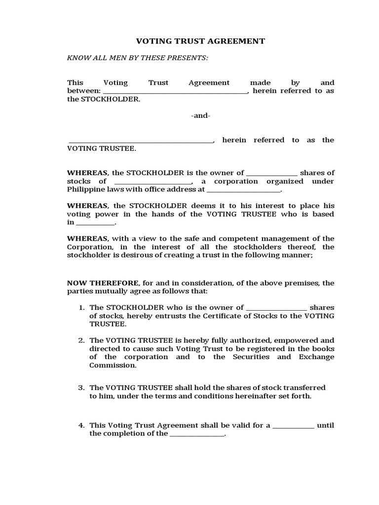 Voting Trust Agreement: Know All Men by These Presents | Download Free ...