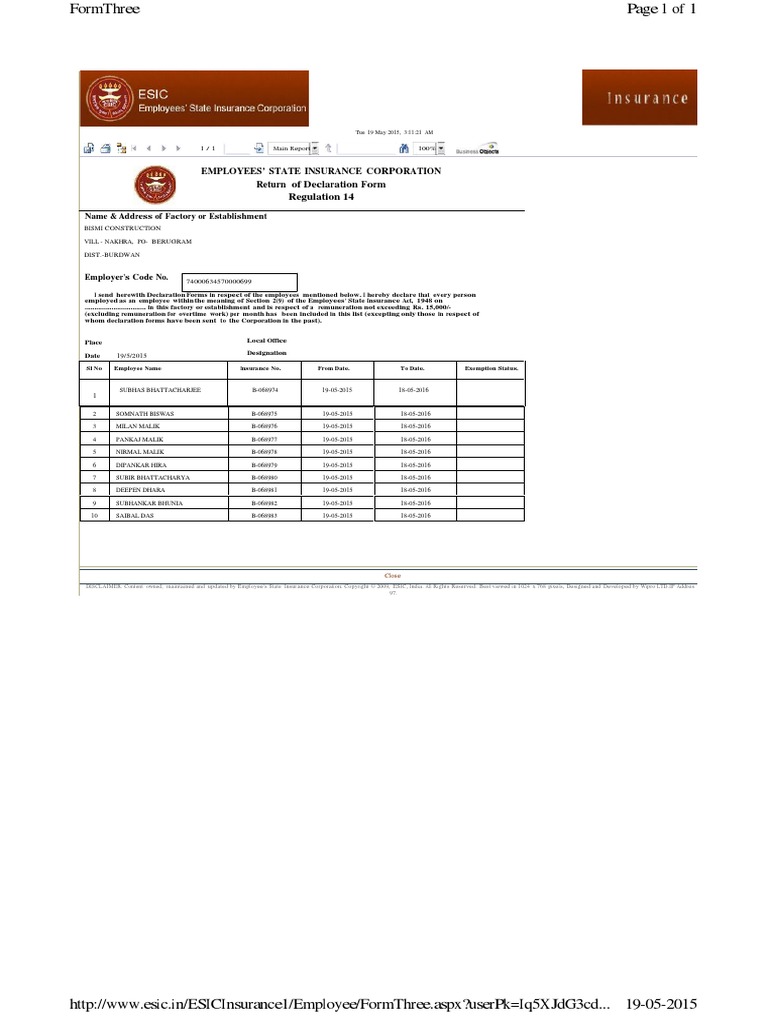 Employees' State Insurance Corporation Return of Declaration Form ...