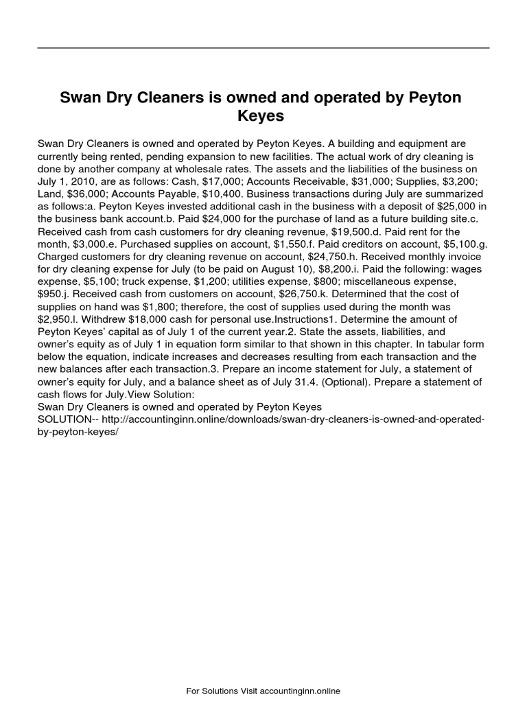July Transactions for Swan Dry Cleaners | PDF | Equity (Finance) | Revenue