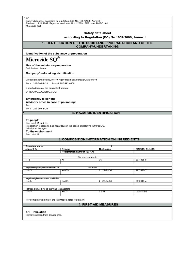 Microcide SQ: 1. Identification of The Substance/Preparation and of The ...