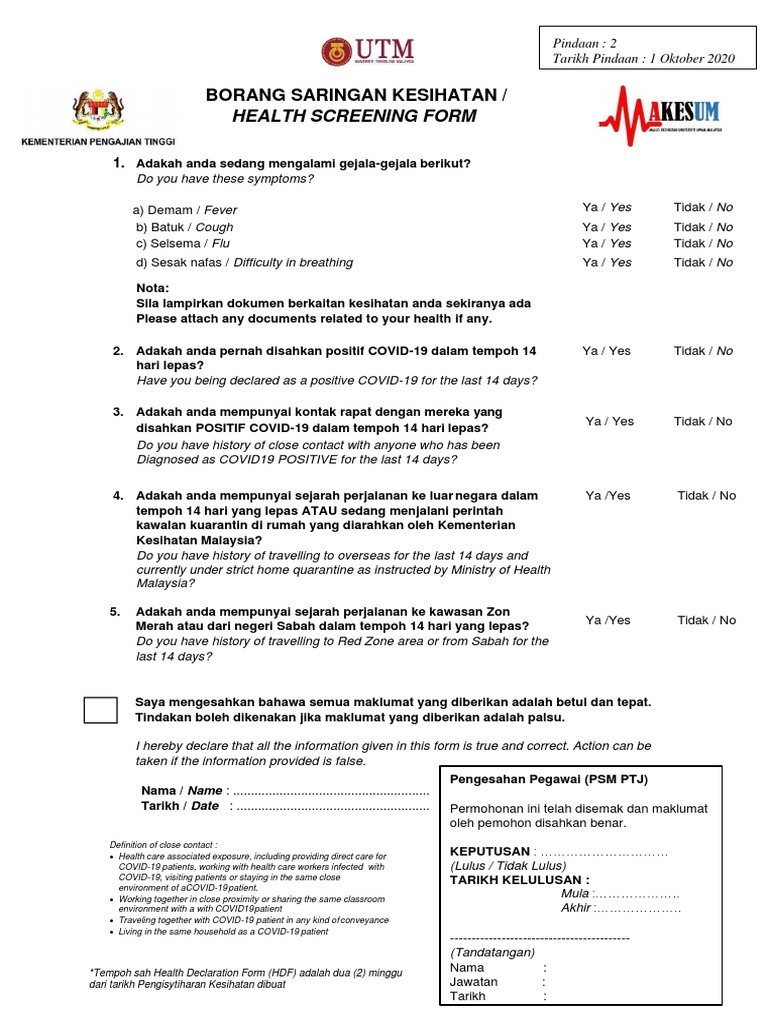 Borang Saringan Kesihatan /: Health Screening Form | PDF | Respiratory ...