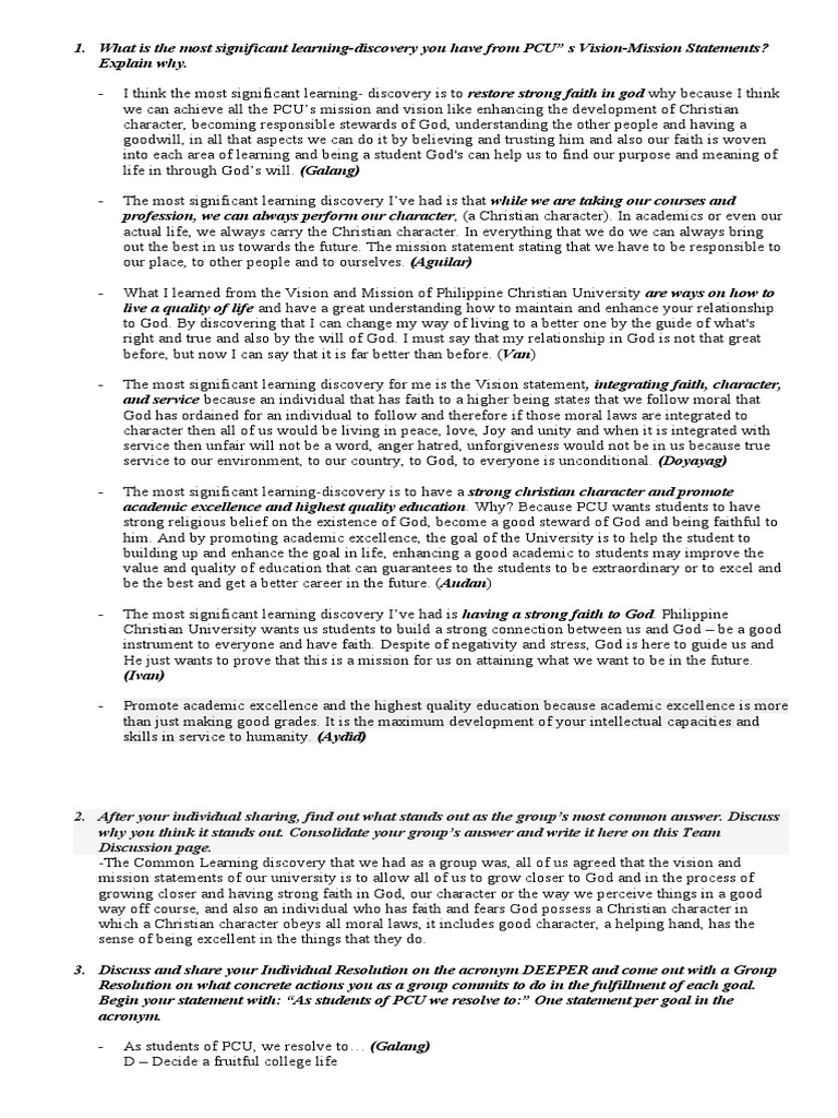 PCU vision and mission learning discoveries | PDF | Faith | Goal