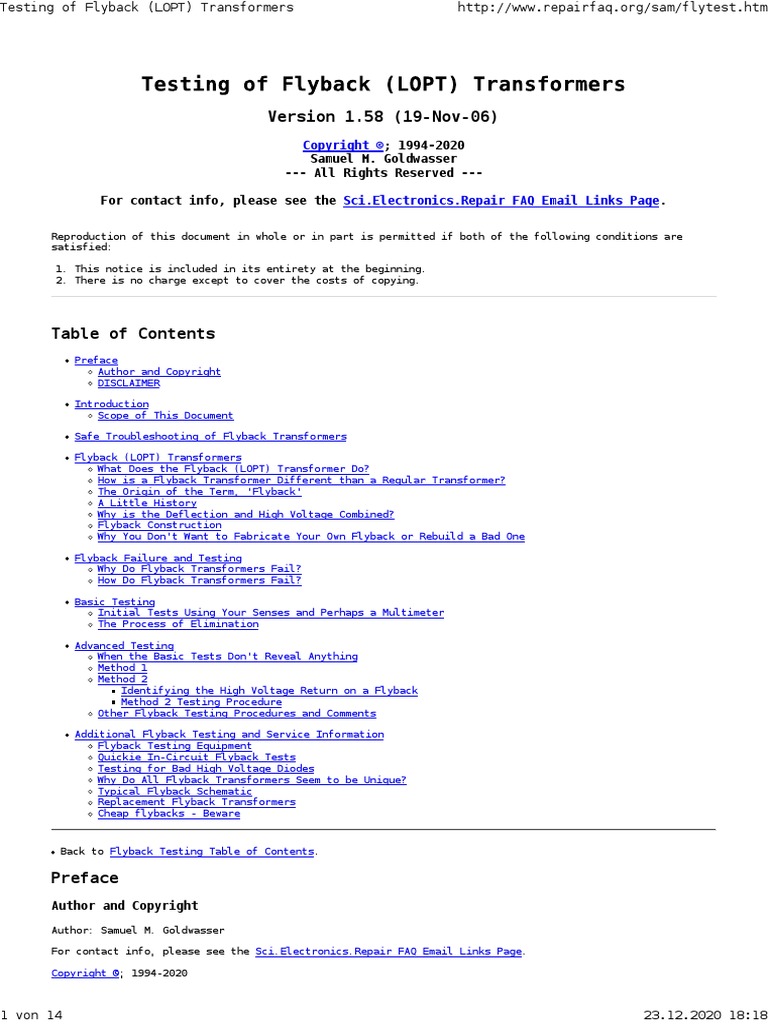 Testing of Flyback (LOPT) Transformers PDF | PDF | Transformer ...