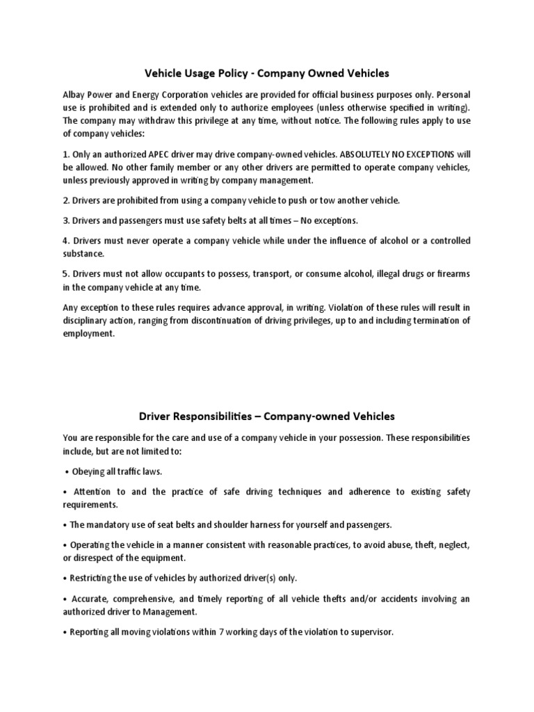 Vehicle Usage Policy - Company Owned Vehicles | PDF