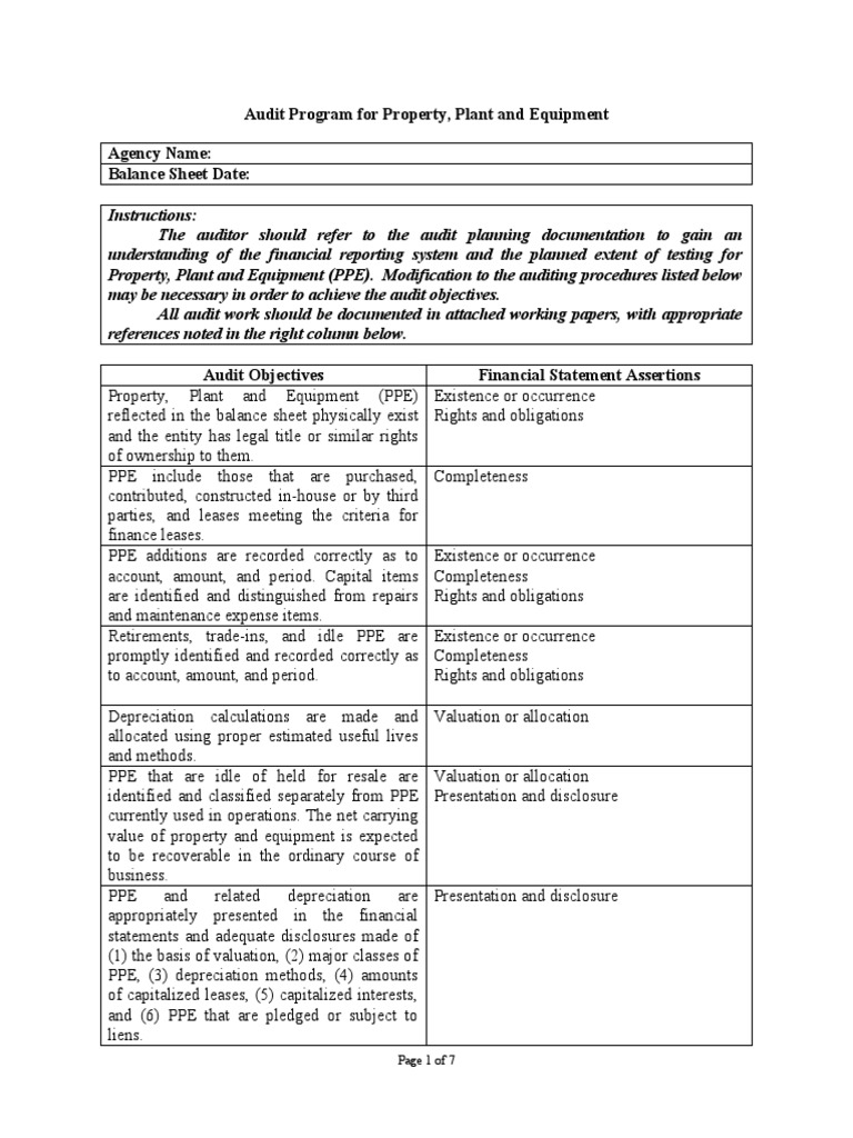 Audit Program For Property, Plant and Equipment Agency Name: Balance ...