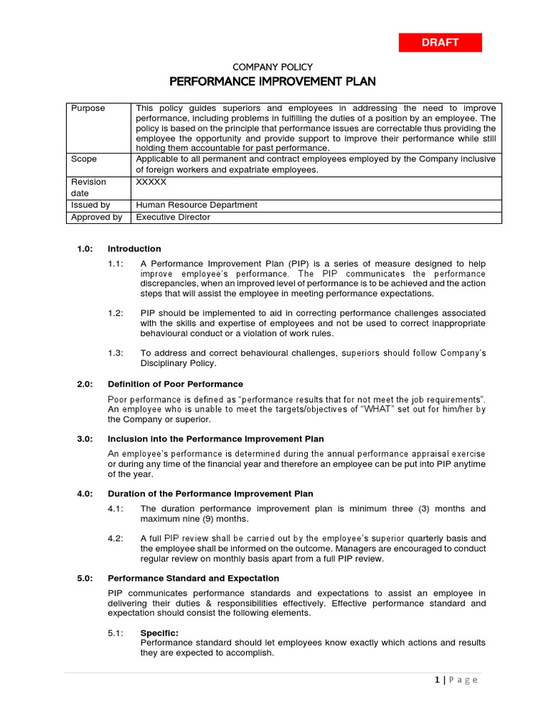 PIP - Performance Improvement Plan Policy | PDF | Human Resources ...