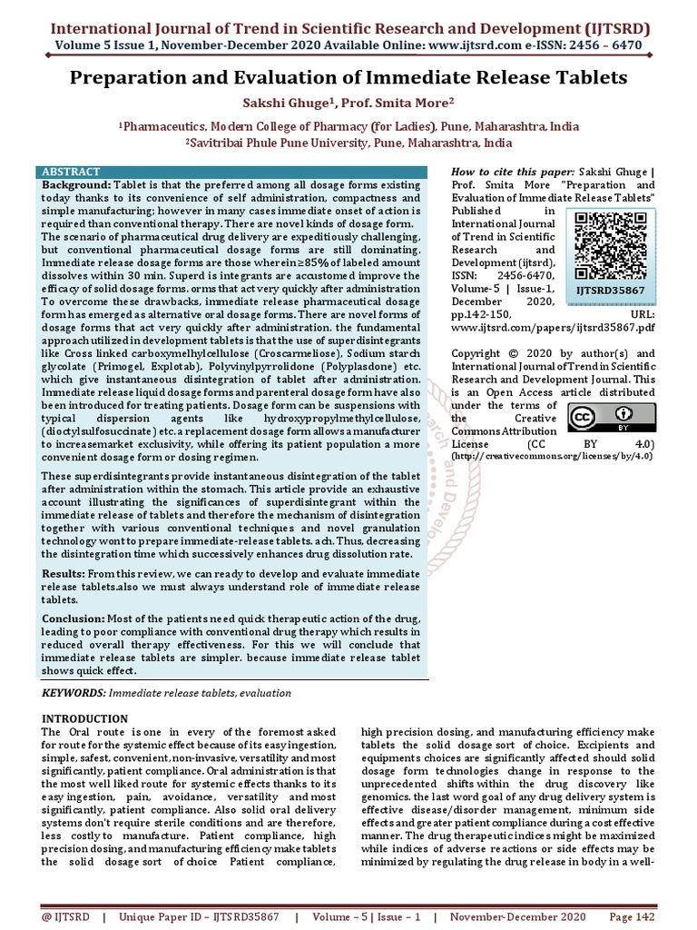 Preparation and Evaluation of Immediate Release Tablets | PDF | Tablet ...